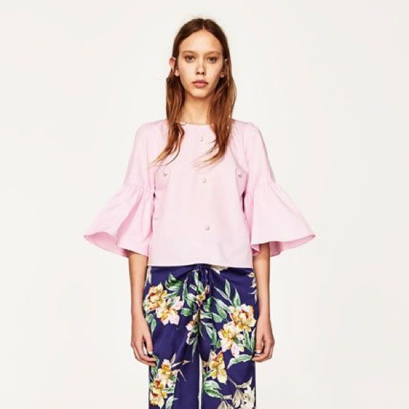Zara | Tops | Zara Pink Fluted Sleeve Top With Pearl Accents | Poshmark